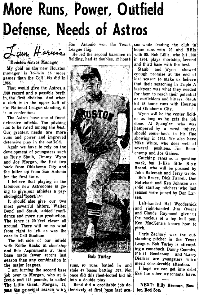 Mgr. Lum Harris on 1965 Astros’ Needs | The Pecan Park Eagle